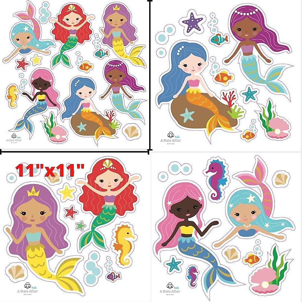 Mermaid Wall Decals Girls Bedroom and Bathroom Decor, 50 Peel and Stick Multicultural Mermaid Stickers for Girls, Includes 4 Sheets 11x11 inches Each Fun Reusable Decals