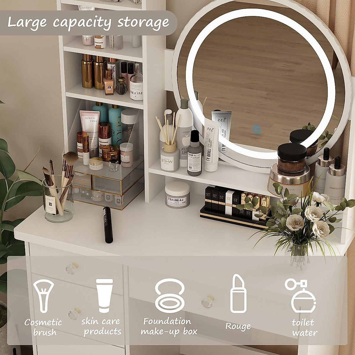 MOUMON Vanity Desk Vanity Mirror Makeup Desk with Lights, Vanity Desk with Mirror and Lights, Makeup Vanity with Drawers and Shelves, Crystal Handles, Cushion Stool, White