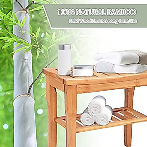 GLACER Shower Bench Bamboo with Extra Storage Shelf, Waterproof Bathroom Shower Stool with Efficient Storage Rack for Indoor or Outdoor Use (19" x 10.5" x 17.6")