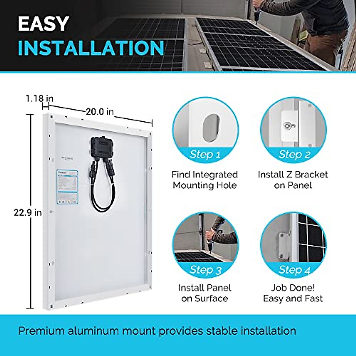 Renogy 50 Watt 12V Solar Panel 10A 12/24V PWM LCD Charge Controller, Adaptor kit, Tray Cables, 50W, 5V USB Ports, for RVs,Boats,Trailers,Sheds,Cabins and Any Off Grid System