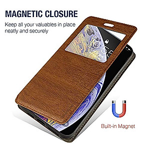 for iPhone 15 Case, Wood Grain Leather Case with Card Holder and Window, Magnetic Flip Cover for iPhone 15 (6.1”)
