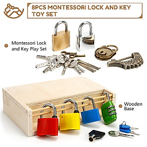 Woodtoe Montessori Weaning Table and Chair Set for Toddler, Natural Solid Wooden Kids Table Cube Chair for Boy Girl, with 8 PCS Montessori Lock and Key Toy Set, Educational Toys for Kids