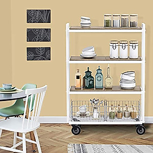 Atlantic System 4 Tier Cart-Wide Mobile Storage, Interchange Shelves and Baskets, Powder-Coated Steel Frame PN in White & Modular Cart System Wire Storage Basket