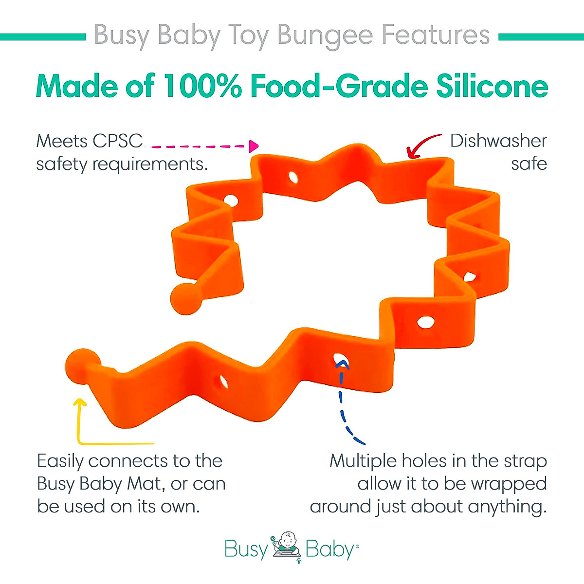 BUSY BABY Toy Bungee for Baby Toys, Dishwasher Safe, Made with 100% Food-Grade Silicone (Yellow)