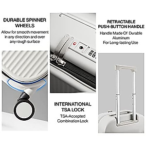 Mixi Carry On Luggage, 20'' Suitcases with Spinner Wheels, Rolling Travel Suitcase with Front Laptop Pocket Luggage Aluminum Frame PC Hardside with TSA Lock and Cover, Smoke White