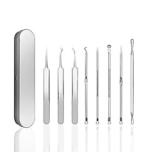 Dr.Pedi Blackhead Remover Pimple Popper Tool Kit Acne Blemish Pimple Extractor Needle Facial Comedone Clip Blackhead Tweezer for Ingrown Hair Removal 8 Pcs in Metal Case
