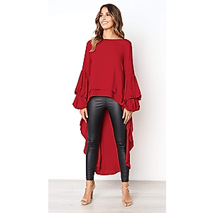 PRETTYGARDEN Women's Lantern Long Sleeve Round Neck High Low Asymmetrical Irregular Hem Casual Tops Blouse Shirt Dress (Red,Medium)