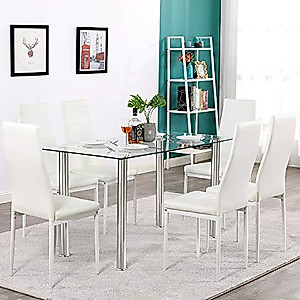 POULEII Glass Dining Table,Modern Minimalist Rectangular Table with Tempered Glass Tabletop and Silver Chrome Metal Legs for 6-8, Space Saving Dining Table for Kitchen Dining Room