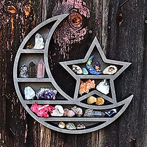 Wooden Crystal Display Shelf, Star On The Moon Shape Crystal Holder for Crystals Stones, Essential Oils Small Plant and Art, Hanging Floating Shelves Gothic Witchy Decor Wall Décor for Home, Office