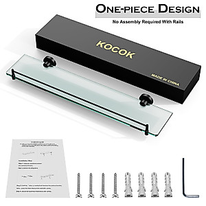 KOCOK Glass Bathroom Shelf for Wall,24-Inch Black Floating Glass Shelves for Bathroom Modern Stainless Steel Tempered Glass Shelf Wall Mount Accessories(Matte Black)