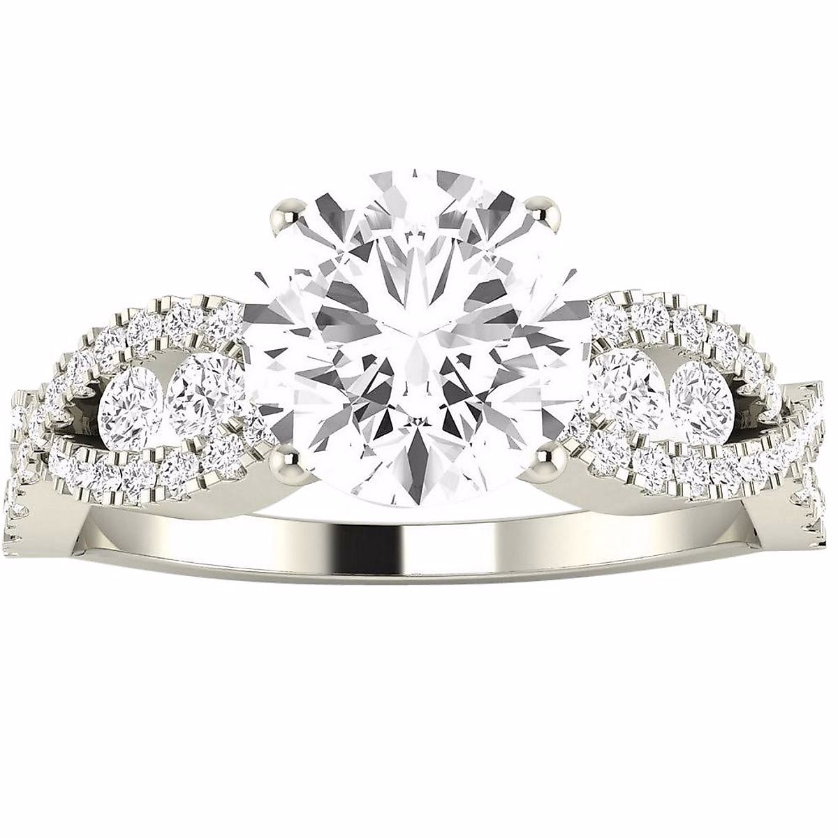 14K White Gold 1.6 CTW Round Cut Designer Twisting Eternity Channel Set Four Prong Diamond Engagement Ring, K Color I2 Clarity, 1 Ct Center