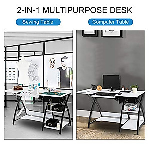 TUFFIOM 57-Inch Sewing Craft Table, Specialized Sewing Machine Shelf, Enlarged Cutting Space, Sturdy Multifunctional Computer Desk with Storage Drawer, Adjustable Height, Ideal for Home Indoor Use