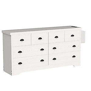 LIKIMIO Dresser 8 Drawer, Modern Wood Bedroom Dresser with with Charging Station and Storage Bag, Storage Chest of Drawers for Living Room Hallway Entryway, White