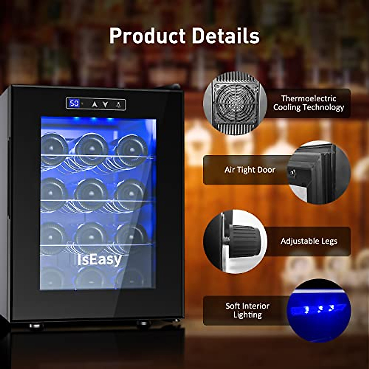 IsEasy 12 Bottle Wine Cooler, Mini Wine Cellar Adjust Temp 46°F-66°F Quiet Freestanding Wine Refrigerator Counter Top Bar Fridge for Kitchen, Home Bar, RV (UPGRADE)