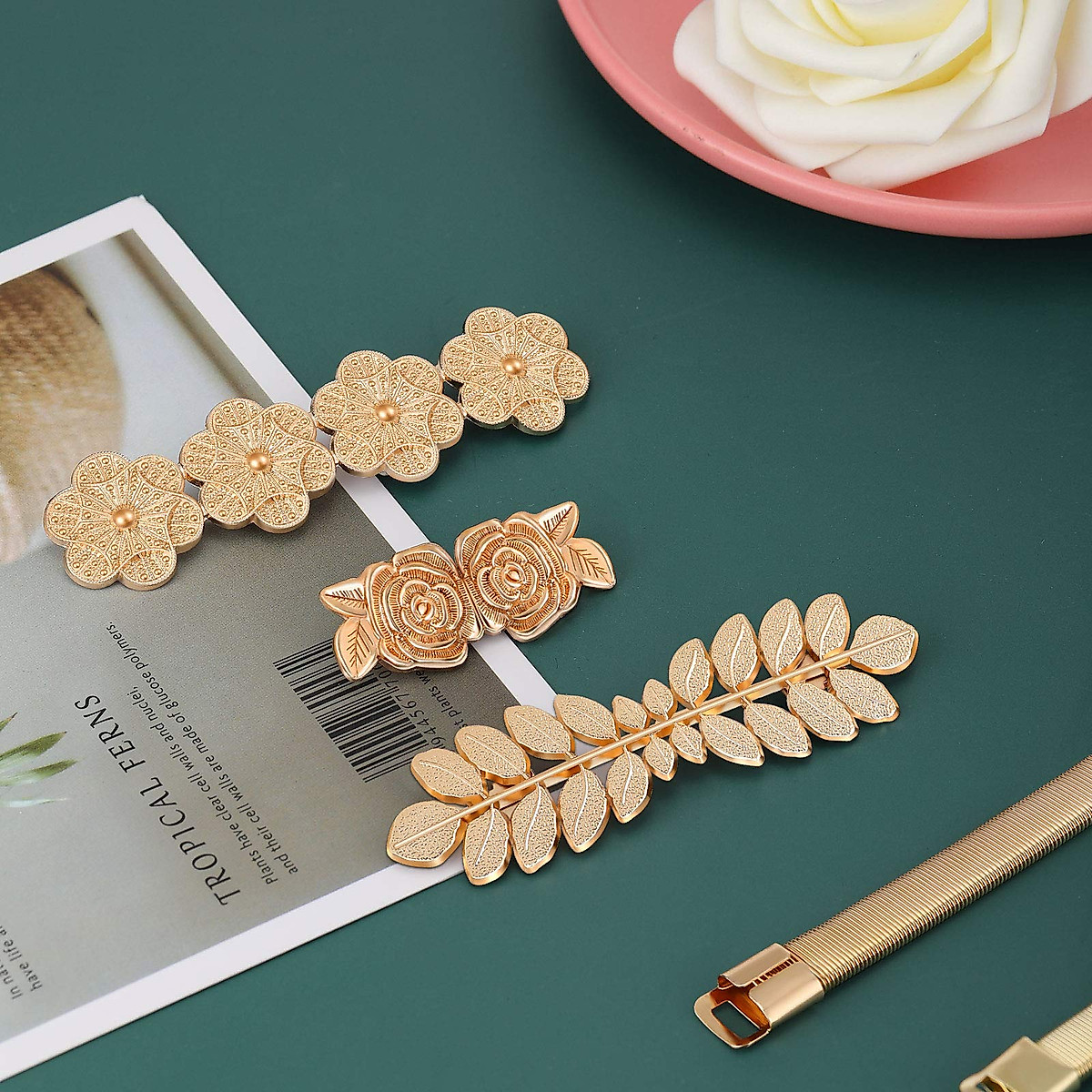 Geyoga 3 Pieces Women Elastic Waist Metal Chain Stretch Metal Dress Belt Skinny Gold Waistband for Women