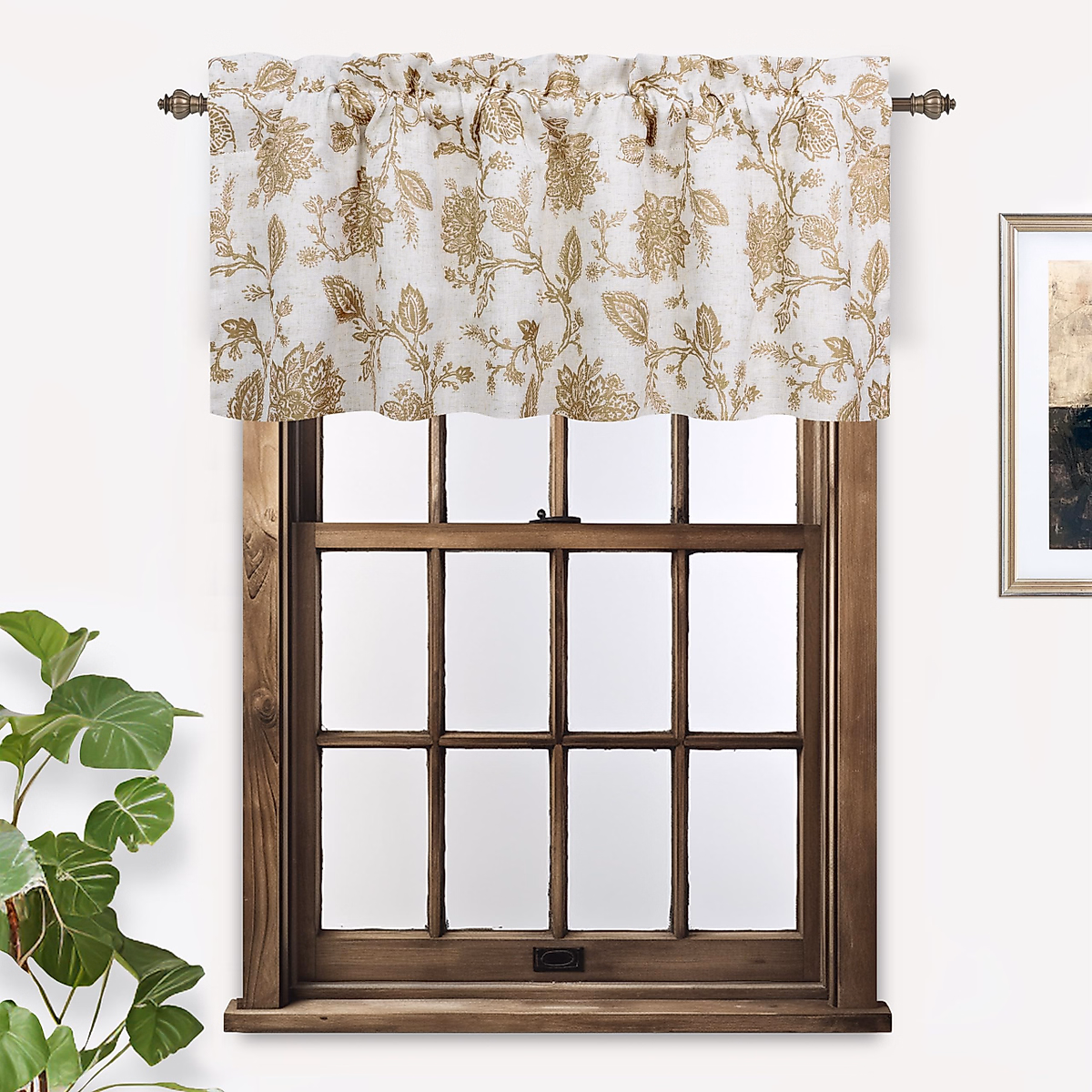 DriftAway Freda Floral Linen Blend Blackout Thermal Insulated Energy Saving Window Linen Curtain Valance Rod Pocket 2 Layers 2 Pack Each 52 Inch by 18 Inch Plus 2 Inch Header Sand