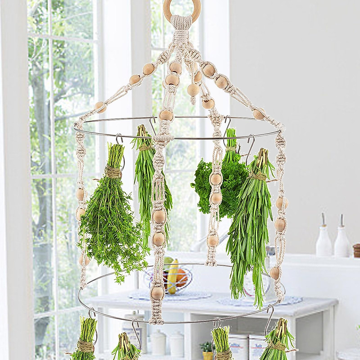 ZUDKSUY Double Hanging Drying Rack with 15 Hooks Hand-Woven Hanging Vegetable Drying Rack, Air-Dried Vegetable and Dried Fruit Rack for Air-Dried Plants, Spices and Flowers