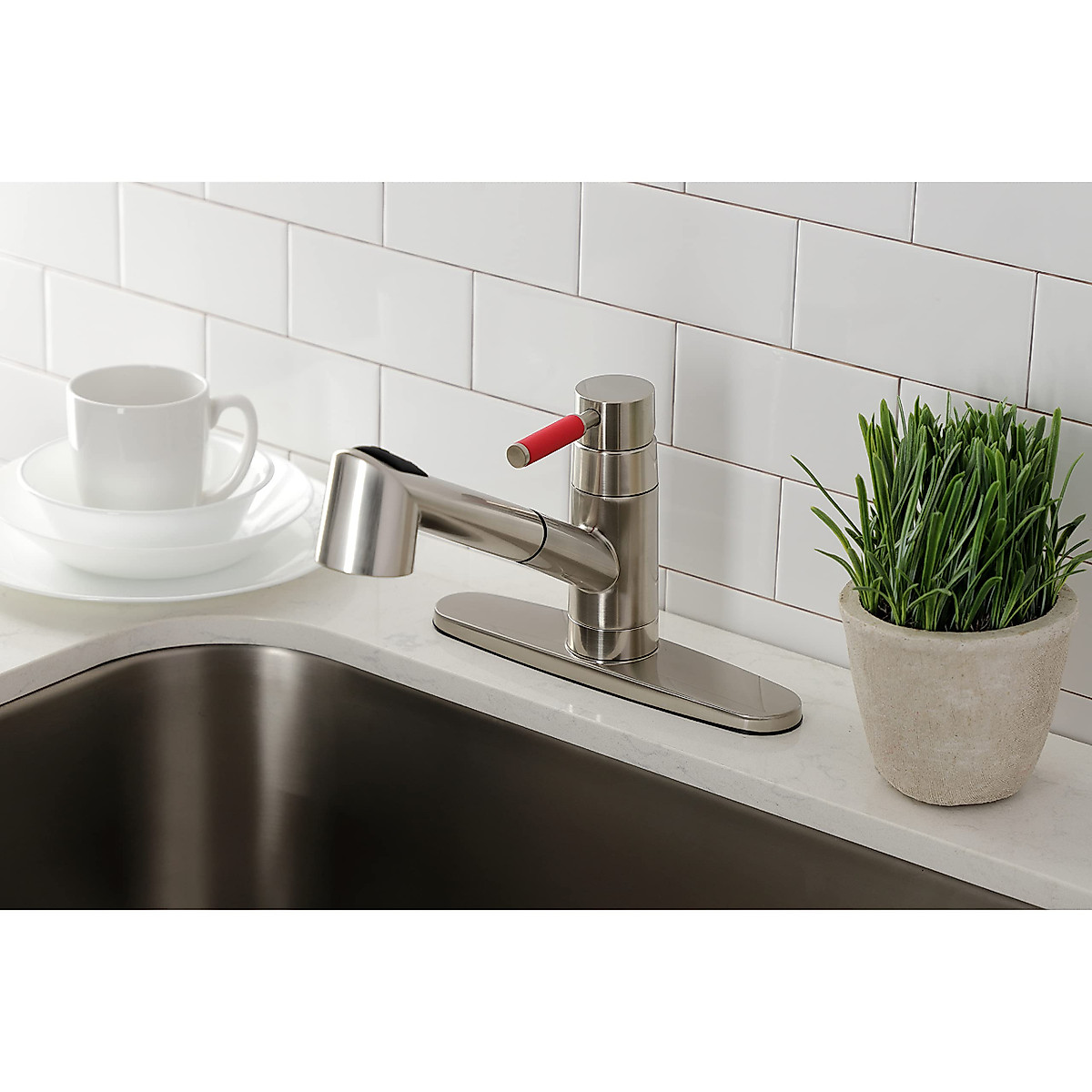Kingston Brass GSC8578DKL Kaiser Pull-Out Sprayer Kitchen Faucet, Brushed Nickel, 10.38 x 8.75 x 8.81
