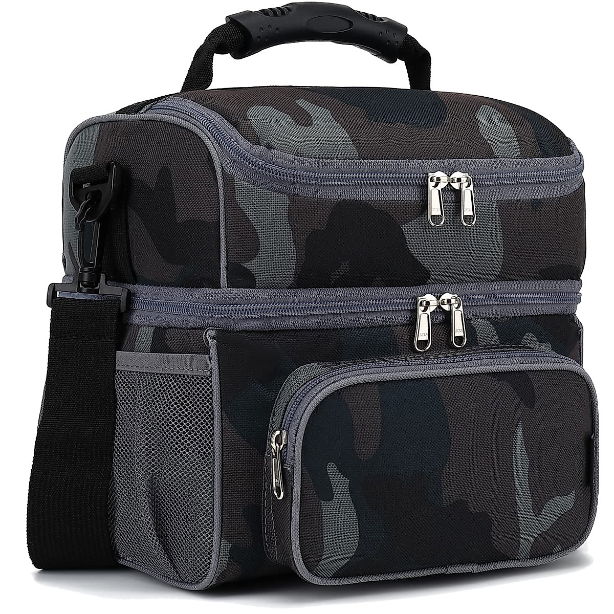 FlowFly Double Layer Cooler Insulated Lunch Bag Adult Lunch Box Large Tote Bag for Men, Women, With Adjustable Strap,Front Pocket and Dual Large Mesh Side Pockets,Black Camo