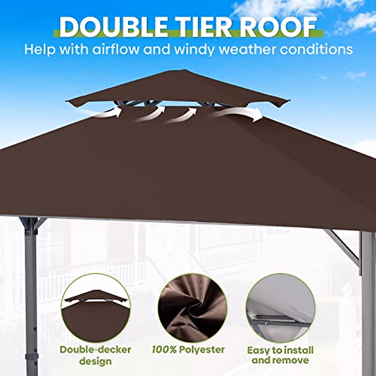 Grill Gazebo Replacement Canopy Top Roof, EasyLee 5x8 Canopy Top Cover, Double Tiered BBQ Gazebo Cover, Fits for Gazebo Models L-GG001PST and L-GZ238PST(Brown)