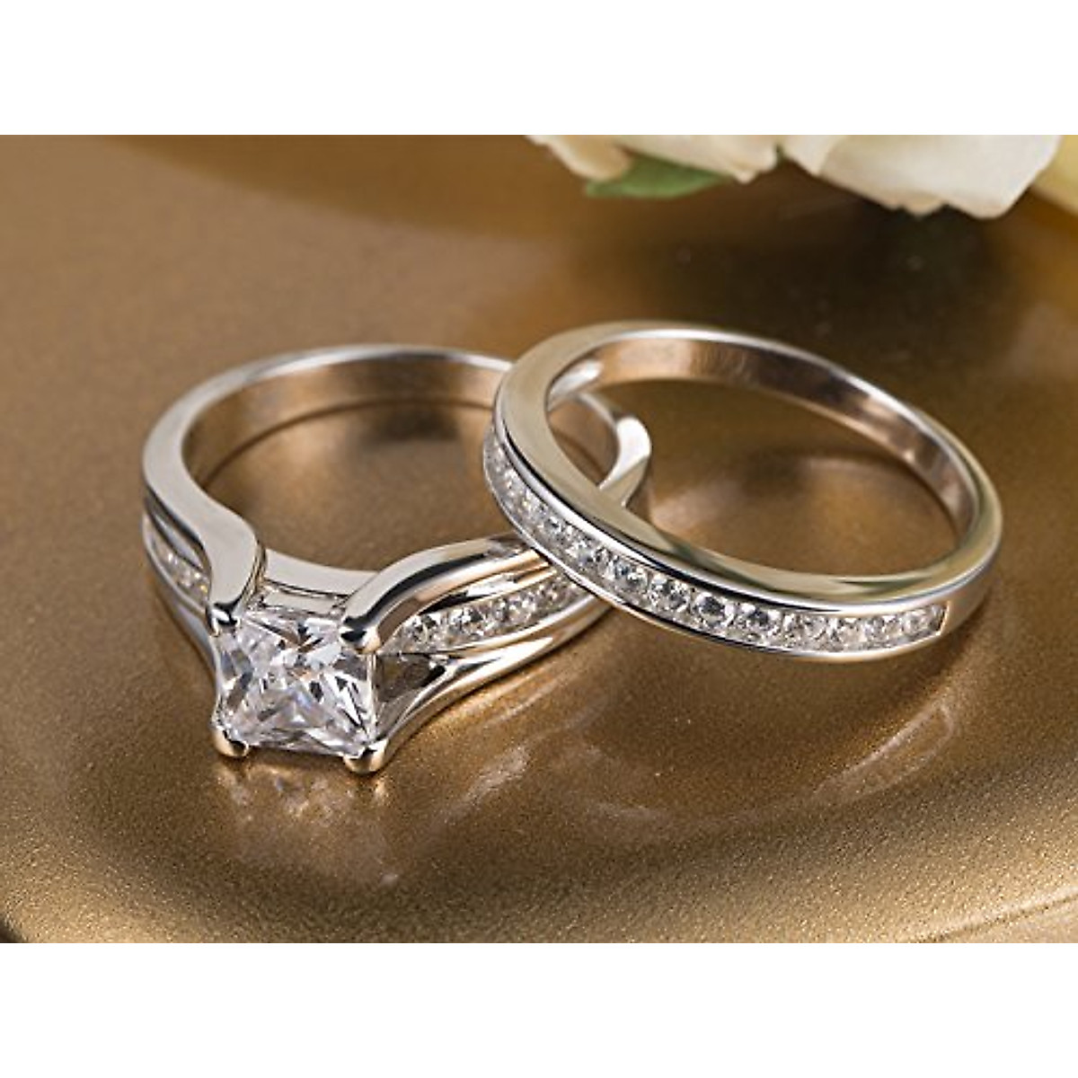 MABELLA Wedding Ring Sets Couples Rings Women's Size 10 Sterling Silver Princess Cubic Zirconia Men’s Size 12 Stainless Steel Bands