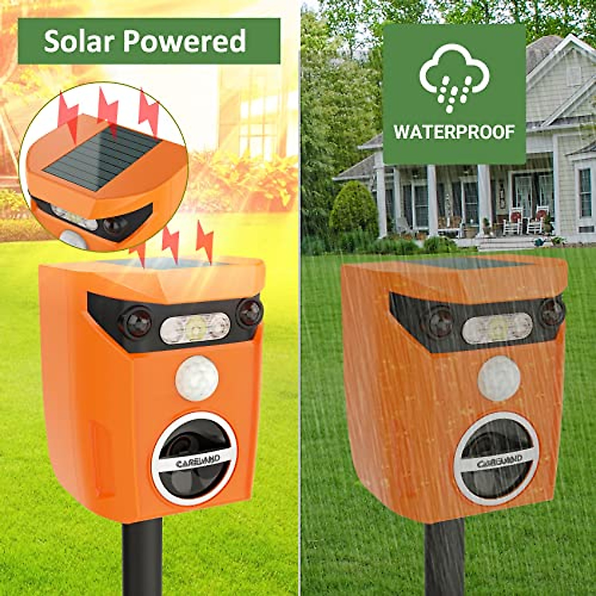 Careland Ultrasonic Deer Repellent Solar Animal Repeller Outdoor Cat Repellent Motion Activated with LED Flashing Light,Keep Animals Deer Raccoon Foxes Dogs Away from Lawn and Garden