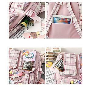 MOMEITU Kawaii Backpack with Cute pins and Pendants ins School Plaid Backpack Harajuku Student School Bag(Blue)