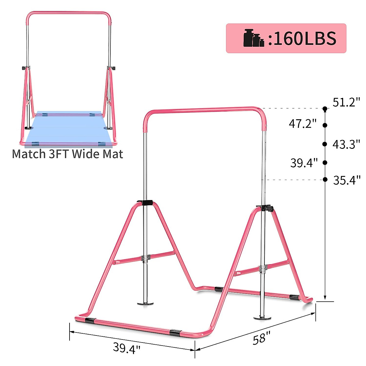 ZENOVA Gymnastics Bar Junior Gymnastics Equipment Horizontal Bar Height Adjustable, Foldable Gym Bar Monkey Bar for Kids