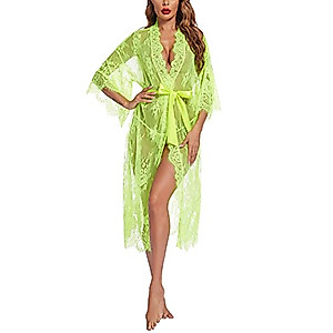 Avidlove Women Sexy Long Lace Lingerie Kimono Robe Sheer Babydoll Nightgown Nightdress Lemon Yellow