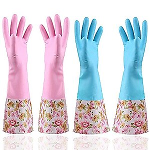 KINGFINGER Rubber Latex Waterproof Dishwashing Gloves,2 Pair Medium Long Cuff Flock Lining Household Cleaning Gloves