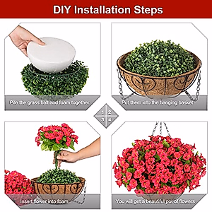 Ammyoo Artificial Hanging Flowers in Basket, Artificial Petunias Flower Arrangement,12 inch Coconut Lining Basket with Morning Glories Fake Plants for Patio Garden Porch Deck Decoration(Red)