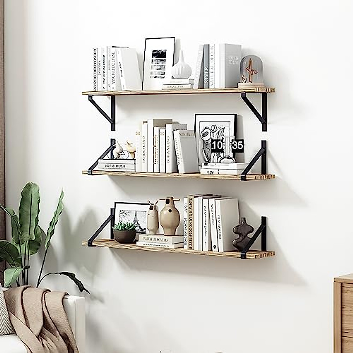 Fixwal Floating Shelves, 36 Inch Wall Bookshelf Set of 3, Large Floating Book Shelves for Wall Decor, Rustic Wood Wall Storage Shelves for Bedroom, Living Room, Kitchen, Bathroom (Carbonized Black)