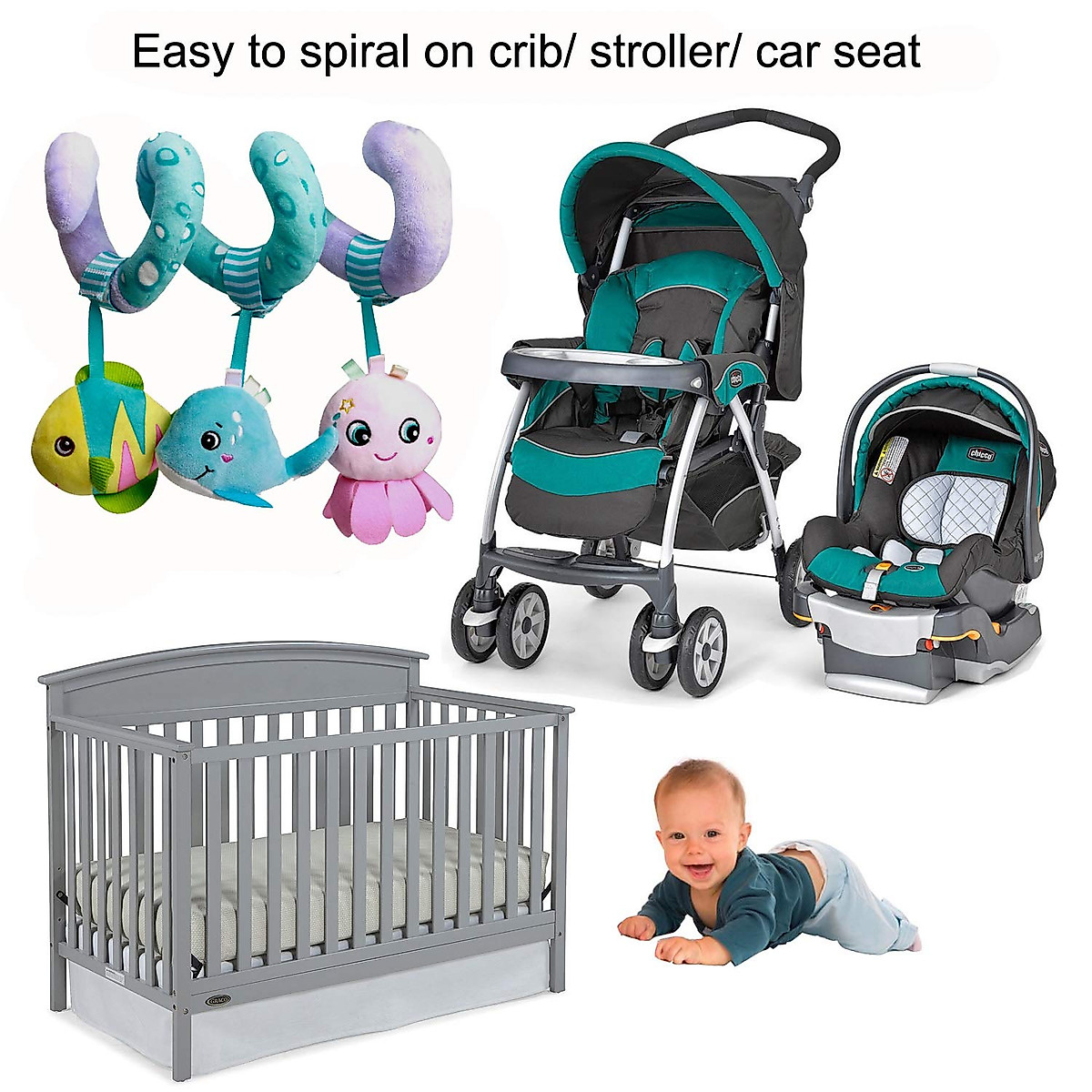 willway Hanging Toys for Stroller Car Seat Crib Mobile, Infant Baby Spiral Ocean Animal Activity Toys, Baby 0-6-12 Months Toy with BB Squeaker Whale Rattles Octopus