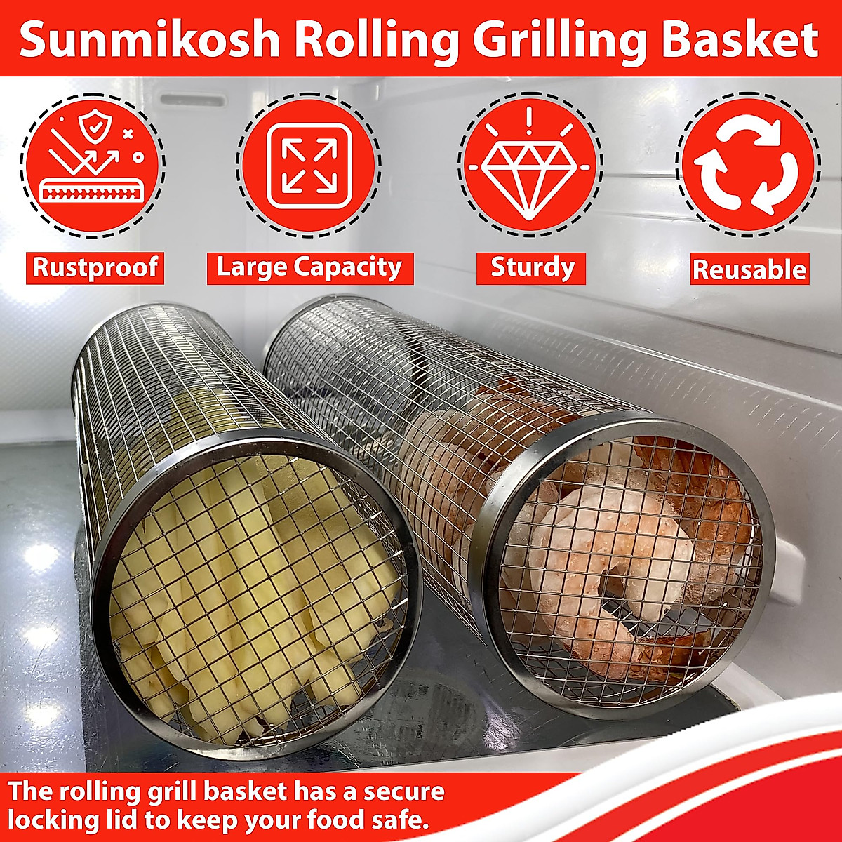 Sunmikosh Rolling Grilling Basket - Barbecue Portable Roll Grill Basket for Outdoor Camping - Stainless Steel BBQ Net Tube Grill Basket, Suitable For Fish, Kabob, Meat, Vegetables, French Fries