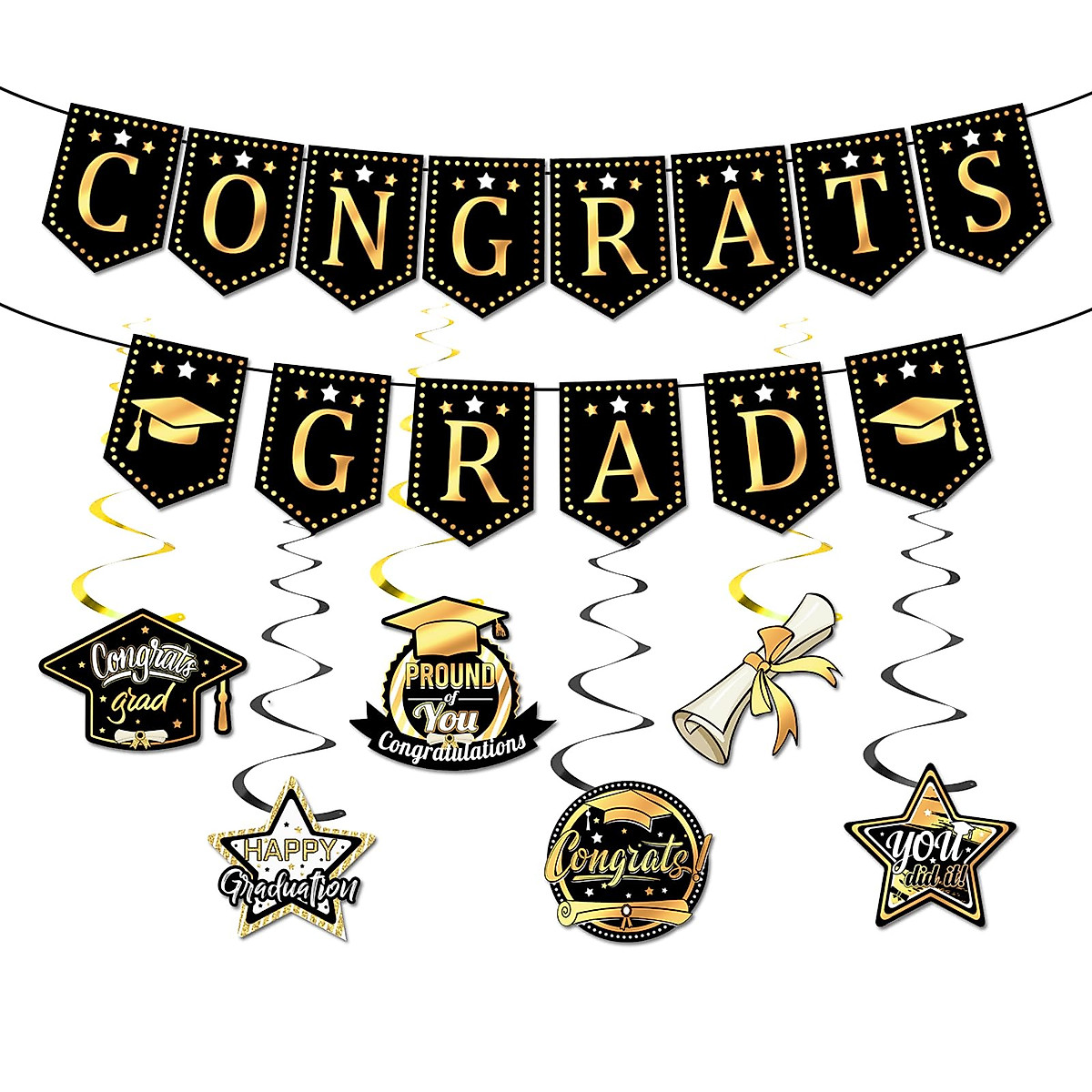 DONCIDAY Congrats Grad Banner Black and Gold, 2024 Graduation Hanging Swirls Graduate Sign for Classroom Decorations