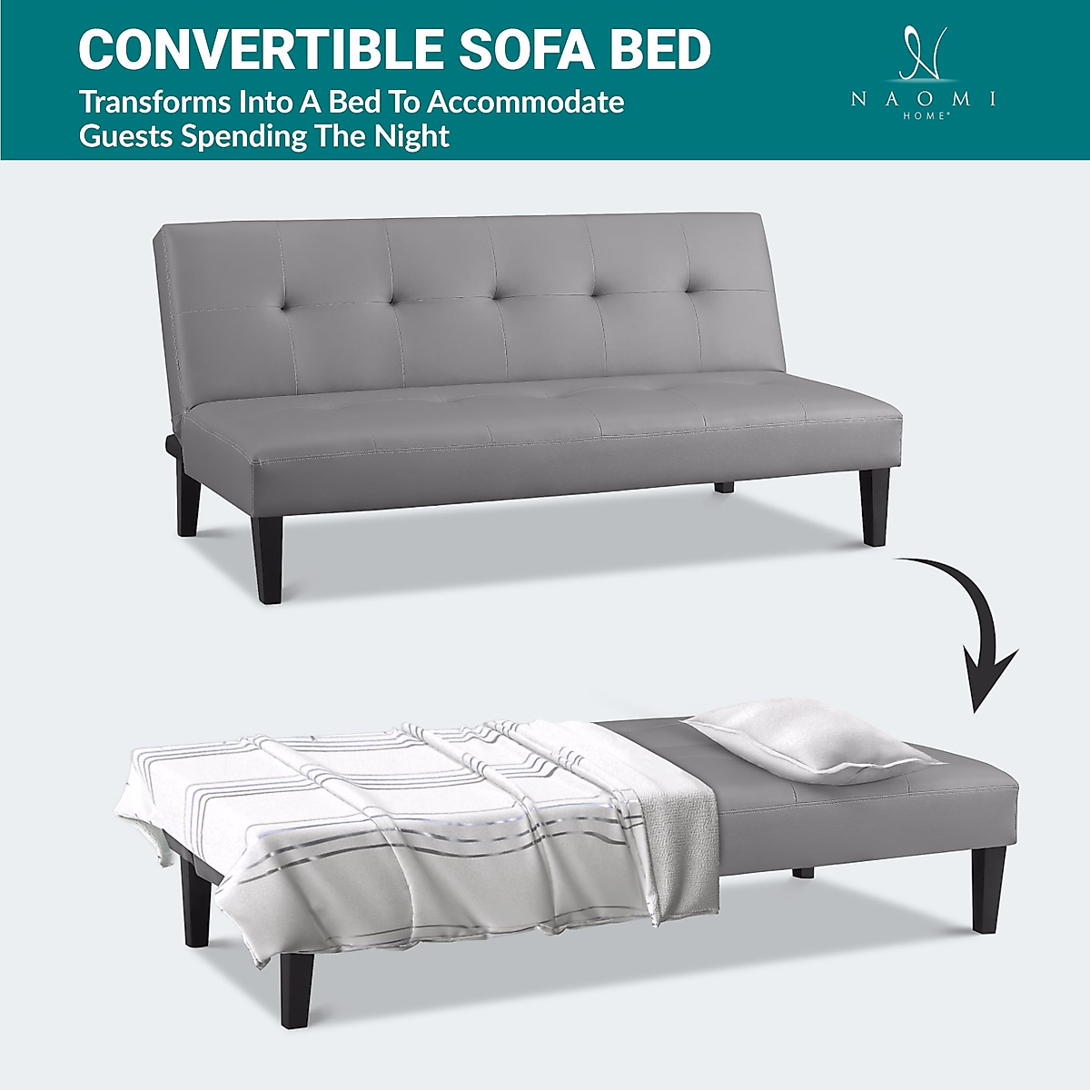 Naomi Home Gray Faux Leather Futon Sofa Bed, Modern Convertible Sofa with Wooden Legs, Reclining Small Couch Bed, Durable and Sturdy, 66'D x 32'W x 31'H