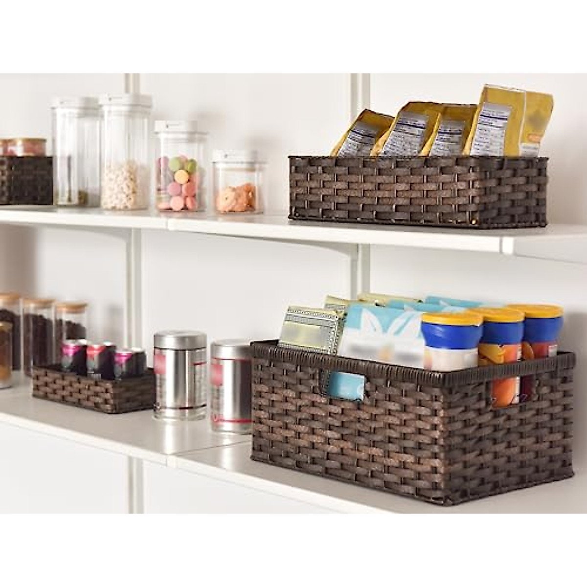 Labcosi Large Wicker Basket, Plastic Wicker Storage Basket, Wicker Storage Basket for Bathroom, Plastic Storage Bin with Built-in Handles, Brown, 15 "L x 11 "W x 6.75 "H, 1 Pack