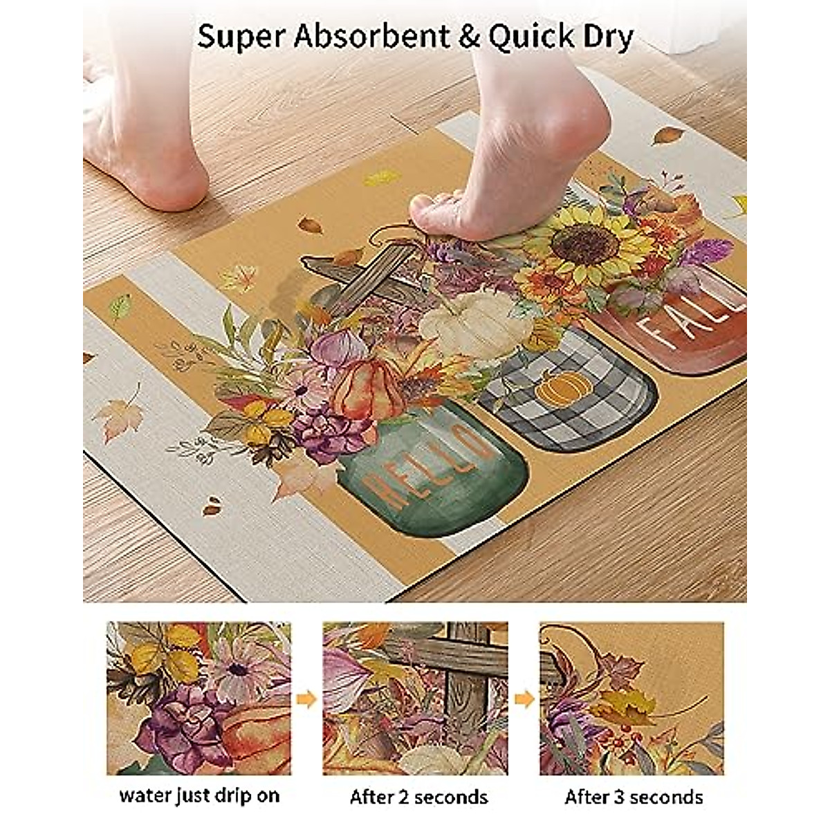 Bathroom Floor Shower Mat, Non-Slip Small Rugs - Easy to Clean, Fall Thanksgiving Sunflower Pumpkin Flower Durable Bath Rug 16"x24" Washable Quick Dry Diatomaceous Earth Mats for Bathtubs