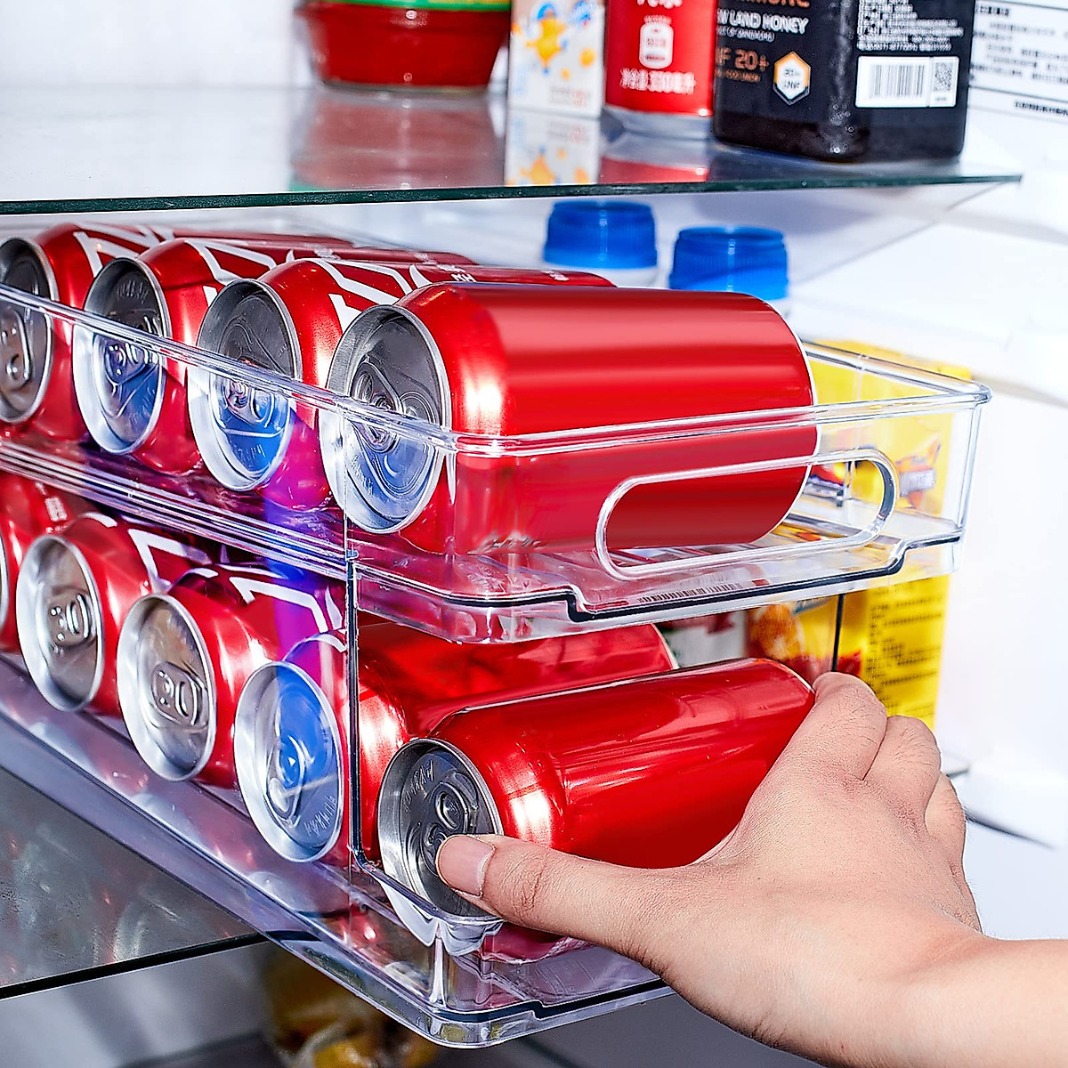 Set of 2 Drink Organizer for Fridge Soda Can Organizer for Refrigerator Automatic Rolling Double Layer Can Dispenser Stackable Can Drink Holder Drink Storage Rack Plastic Beer Dispenser Bin Container