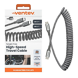 Ventev Helix 3ft Expandable USB C to USB C Cable | Fast Charging Cable for iPhone 16/16 Pro/15, MacBook, iPad Pro, Pixel 9, Samsung S25 | No Tangle Cord for Fast Charger, Crafted for The Car, Gray