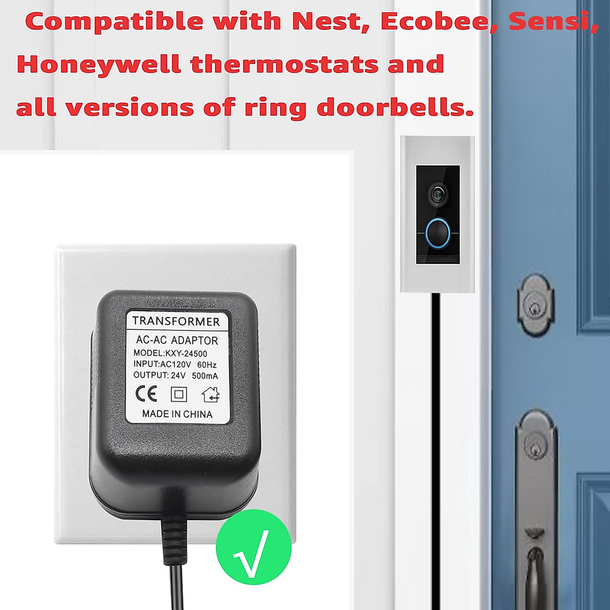 24V Video doorbell Power Transformer, Compatible with Nest Hello, Wyze, Eufy, and Ring Video doorbells. Line Length 26 feet Black（1Pcs）