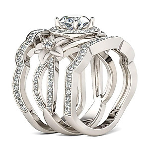 SixTwo 18K Gold Shiny Diamond Ring 3D Flower Ring Set AAA Rount Cubic Zirconia Eternity Band Rings CZ Diamond 3 Pcs Ring Set Wedding Engagement Anniversary Promise Rings Bridal Sets (White Gold, 9)