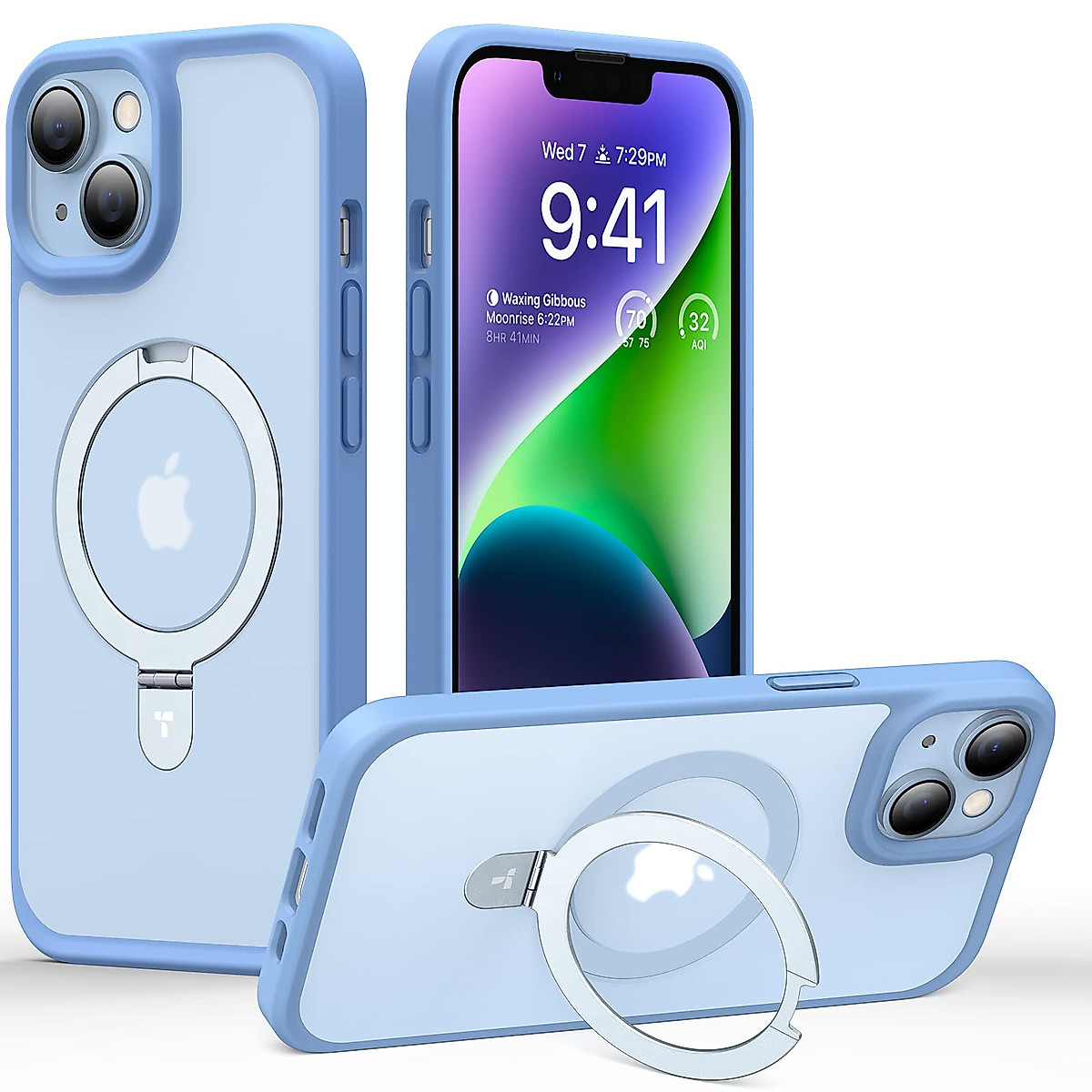TORRAS Magnetic Shockproof for iPhone 13 Case/iPhone 14 Case, [Exceed 3X Mil-Grade Drop Protection][Compatible with MagSafe] Built-in Foldable Stand Slim Yet Protective Phone Cover, Translucent Blue