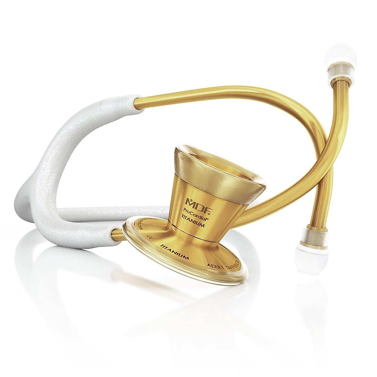 MDF Instruments White Glitter Gold ProCardial Cardiology Stethoscope, Limited Edition Mprints, Lightweight Titanium, Adult, Dual Head, Tube, Gold Chestpiece-Headset, MDF797TGL29K