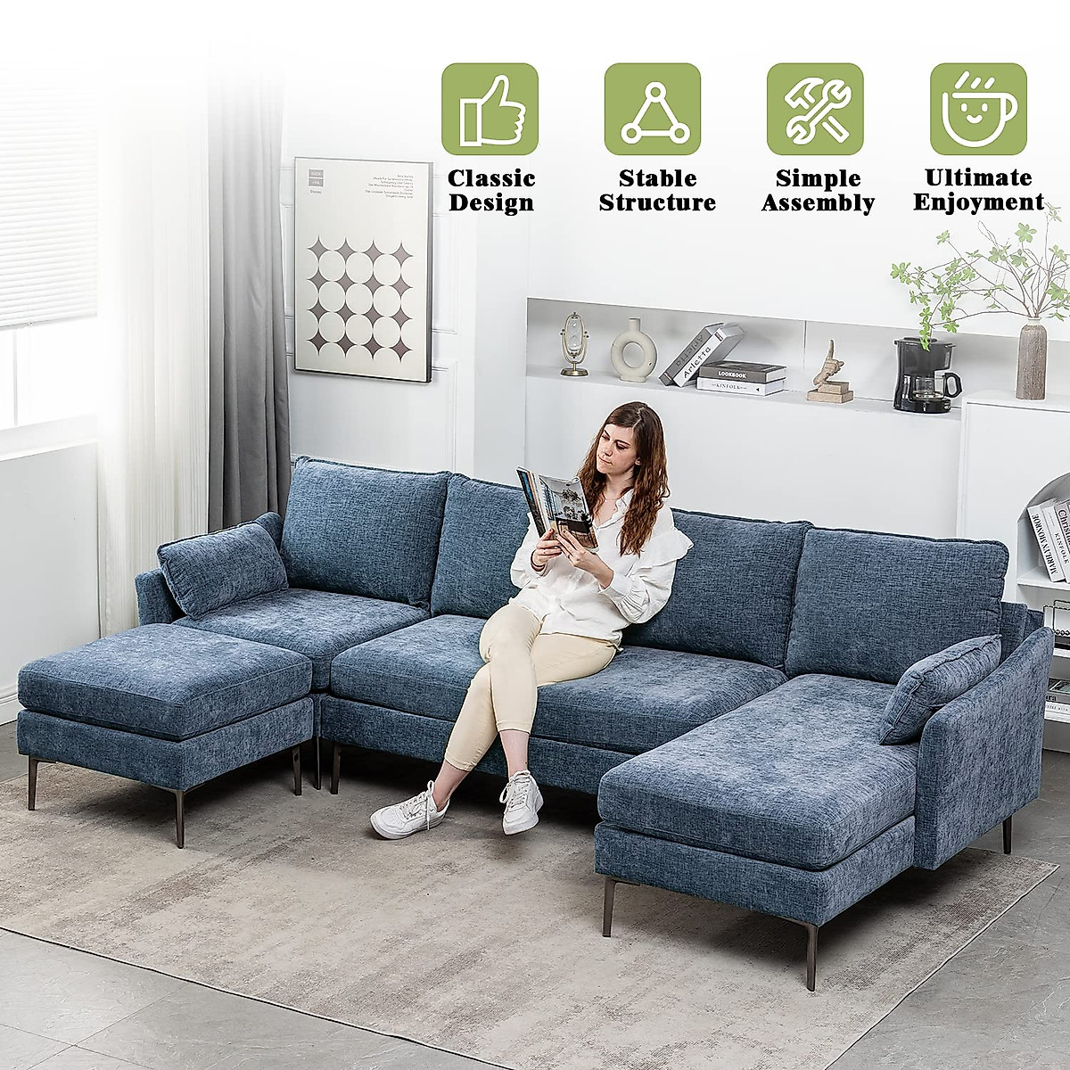 MELLCOM 115.4" Cloud Couch Sectional 4-Seat U Shaped Couch w/Chaise & Ottoman, Comfy Memory Foam Sectional Sofa in Washable Chenille Fabric, Modern Living Room Modular Sofa, Blue