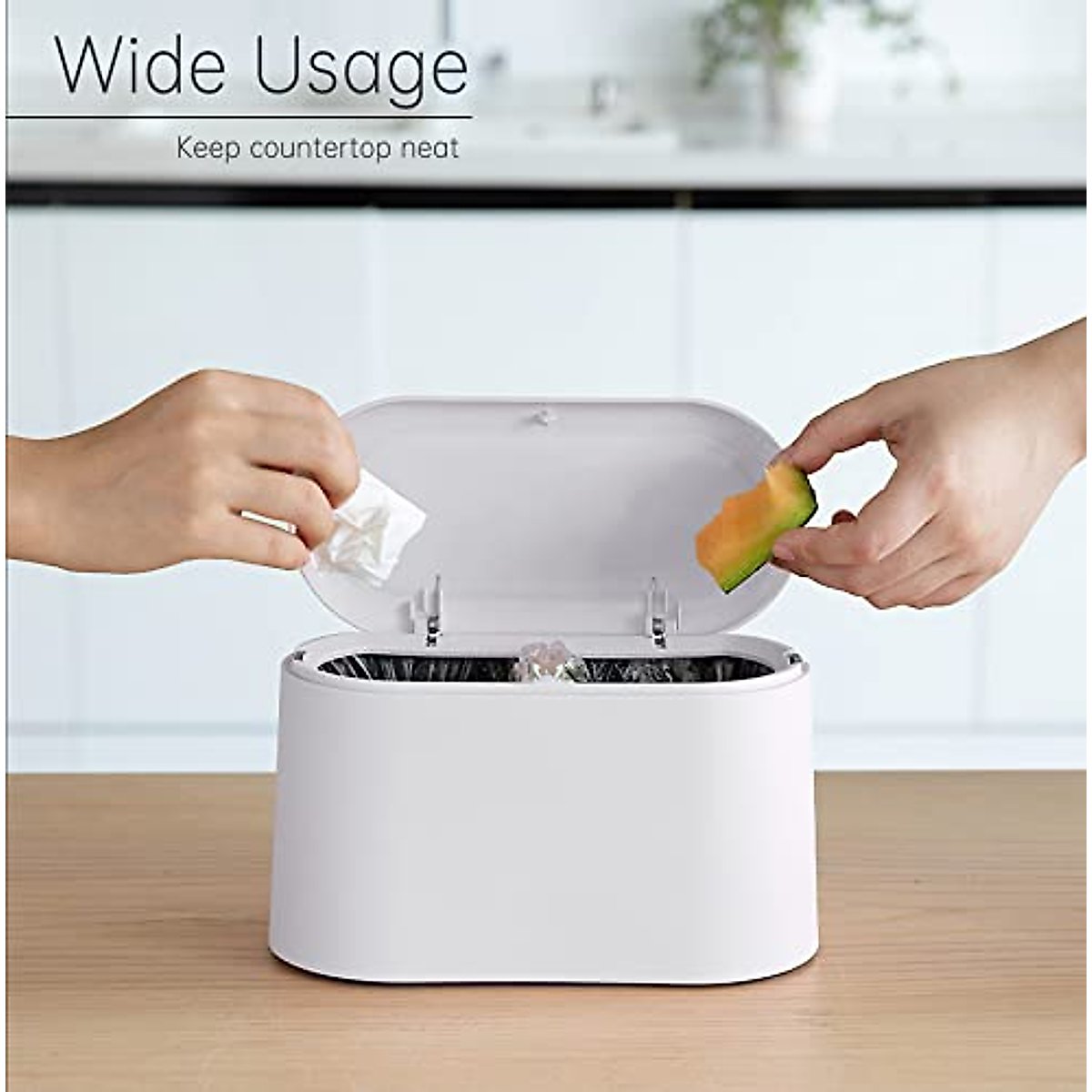 MONGTINGLU Mini Trash Can with Lid - Removable Small Garbage Can, Tiny Plastic Trash Bin, Pop Up Countertop Wastebasket, Counter Garbage Lint Bin for Bathroom,Office,Kitchen,Desk,Coffee Table(White)