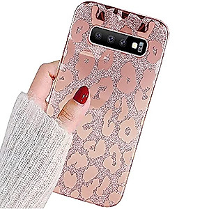 J.west Galaxy S10 Plus Case 6.4-inch, Luxury Saprkle Bling Glitter Leopard Print Design Soft Metallic Slim Protective Phone Cases for Women Girls TPU Silicone Cover Case for Samsung S10 Plus Rose Gold