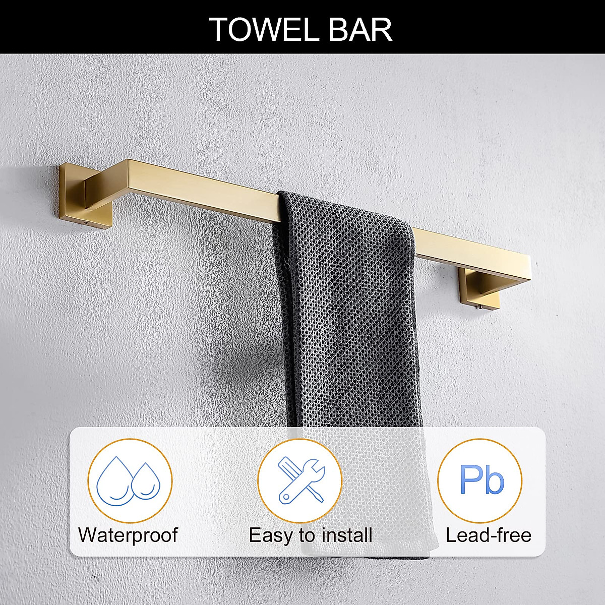 TURS Brushed Gold Single Towel Bar Stainless Steel Bathroom Towel Holder Rail Wall Mounted Towel Rack