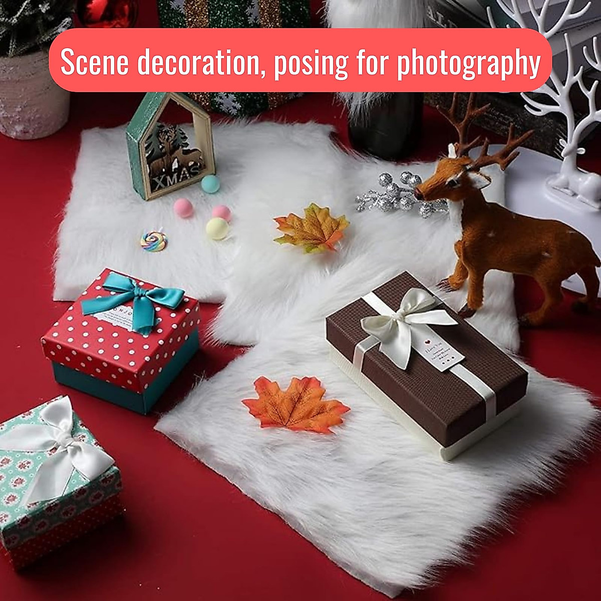 NINGDAN 14x10 inches 1pcs Rectangle Faux Fur Plush Cushion, Area Rugs Fluffy Carpet Mini Small Size Fit,for Tabletop Photography,Home Decor,Product Display,Locker Accessories for Girls (White)