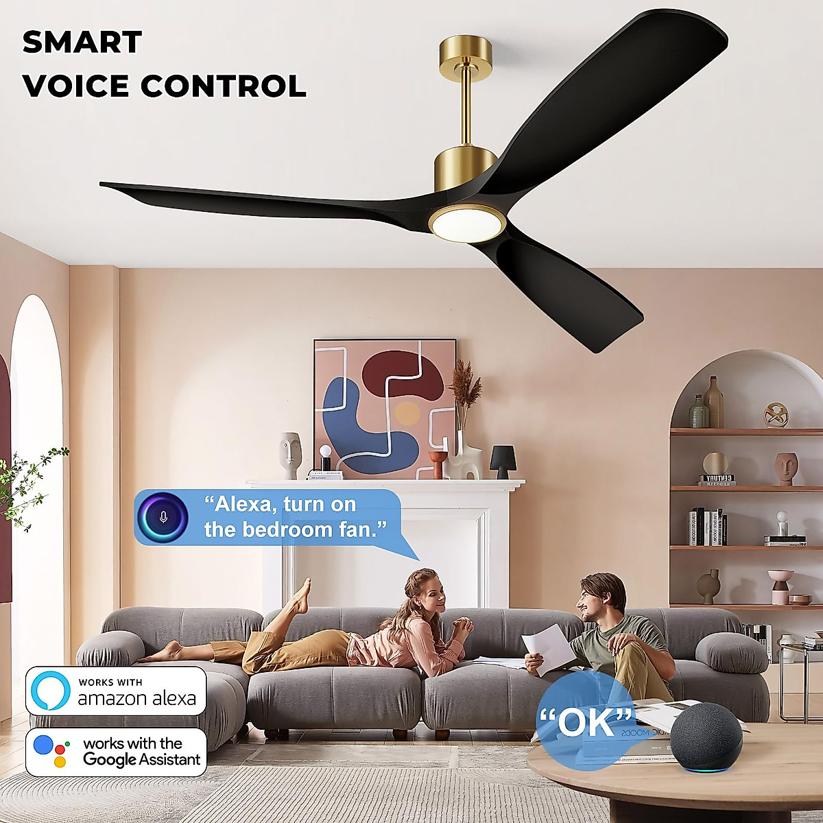 BOOSANT Ceiling Fans with Lights, Ceiling Fans with Lights and Remote Control, 52 inch Ceiling Fan with Light, Outdoor Ceiling Fans for Patios 3 Blade Bedroom Living Room-Matte Black and Gold